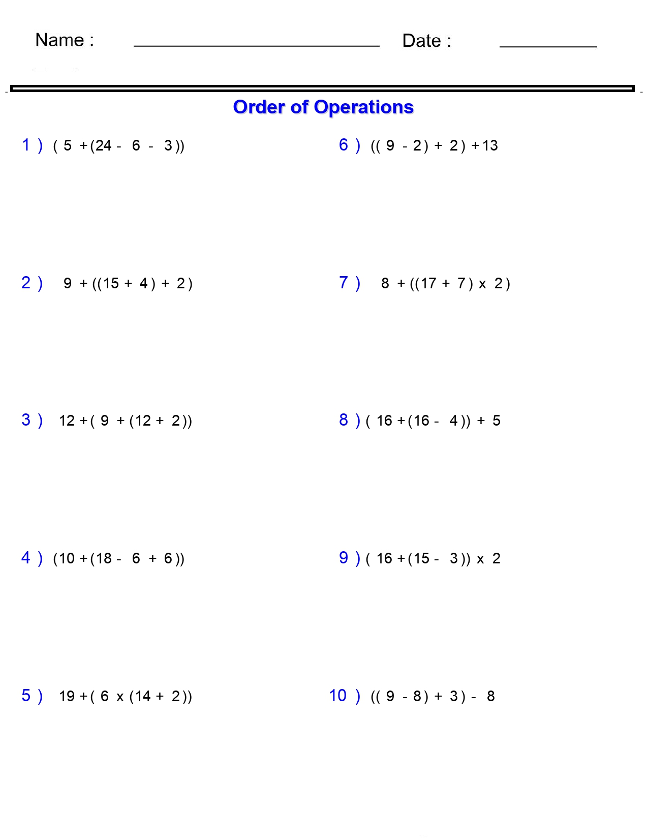 Order of Operations Without Division Worksheets - Basic with Nested ...