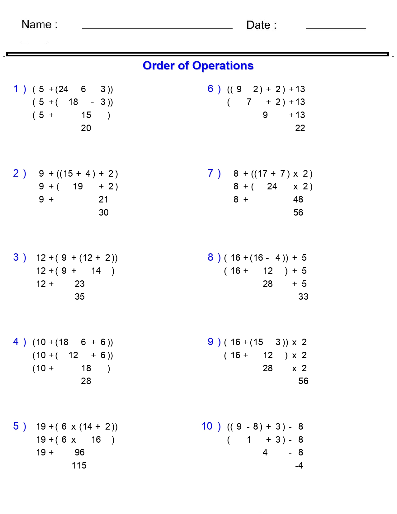 Order of Operations Without Division Worksheets - Basic with Nested Parentheses | Made By Teachers