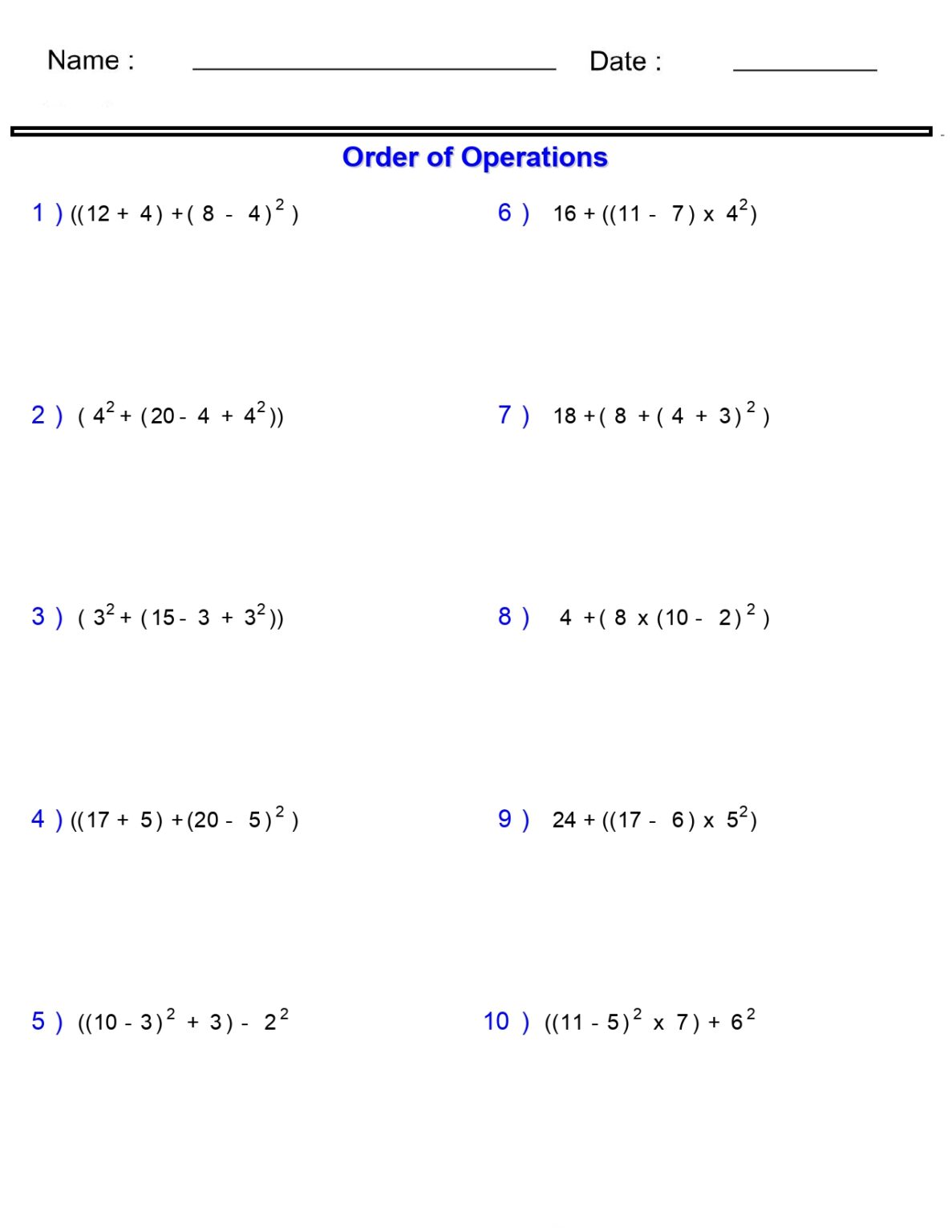 Order of Operations Without Division Worksheets -Nested Parentheses and ...
