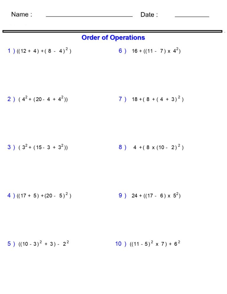 Order of Operations Without Division Worksheets -Nested Parentheses and ...