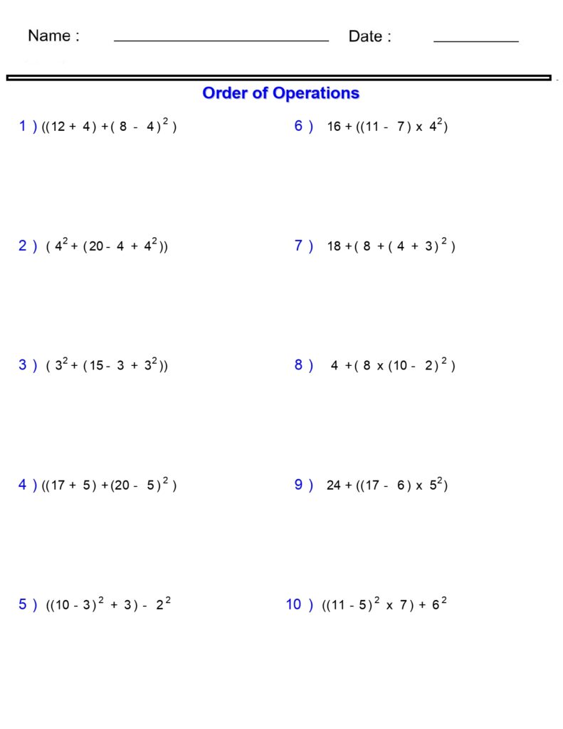 Order of Operations Without Division Worksheets -Nested Parentheses and Exponent | Made By Teachers
