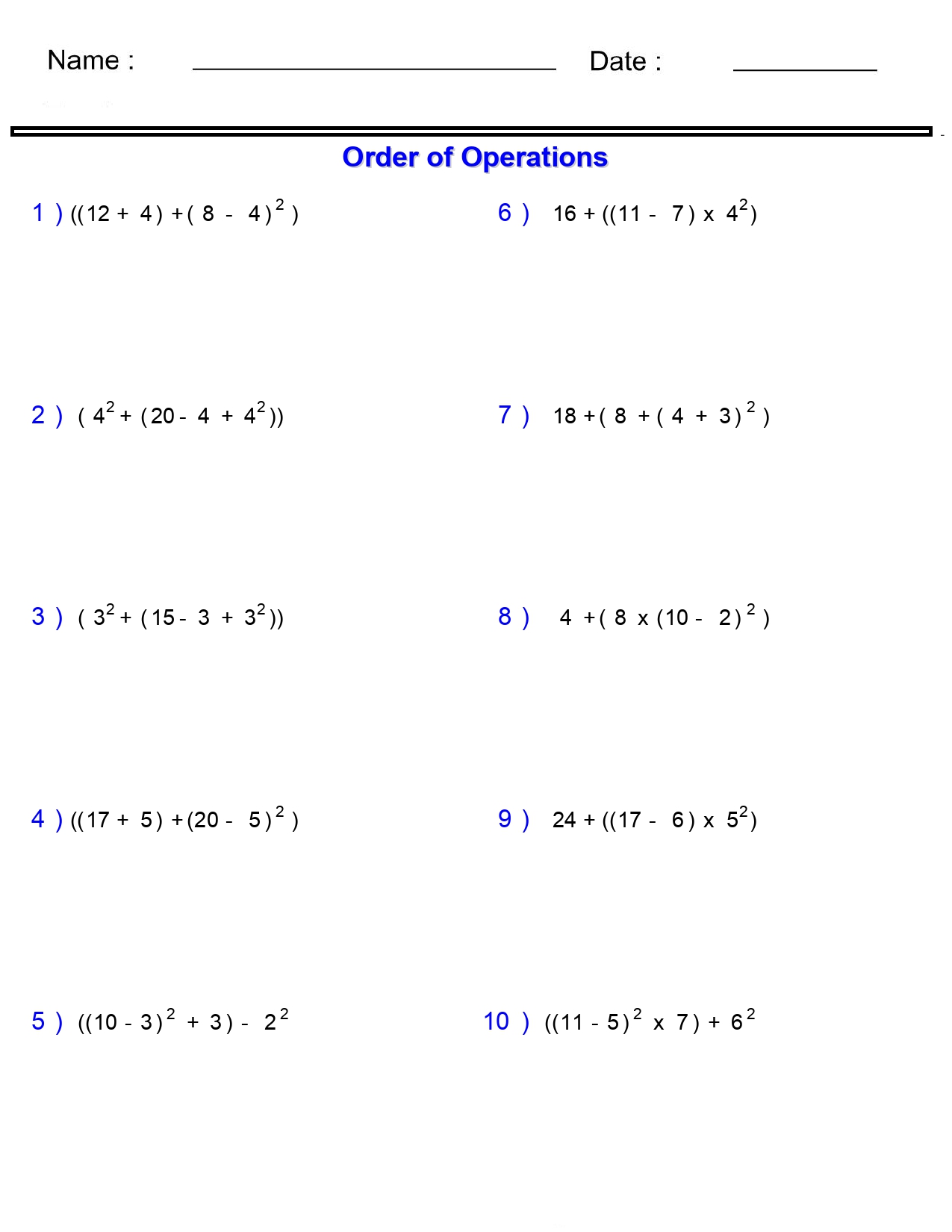 Order of Operations Without Division Worksheets -Nested Parentheses and ...
