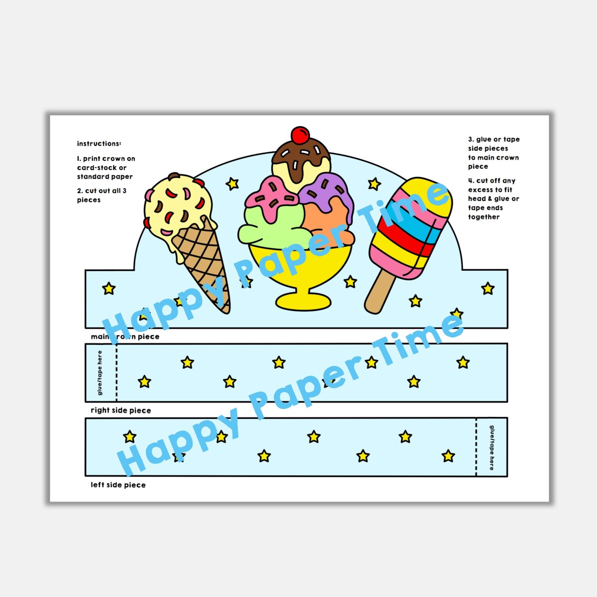 Ice Cream Paper Crown Headband Printable Costume Spring Summer Craft ...