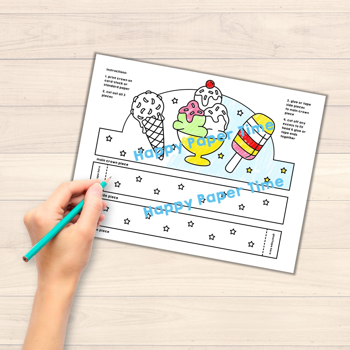 Ice Cream Paper Crown Headband Printable Coloring Spring Summer Craft ...