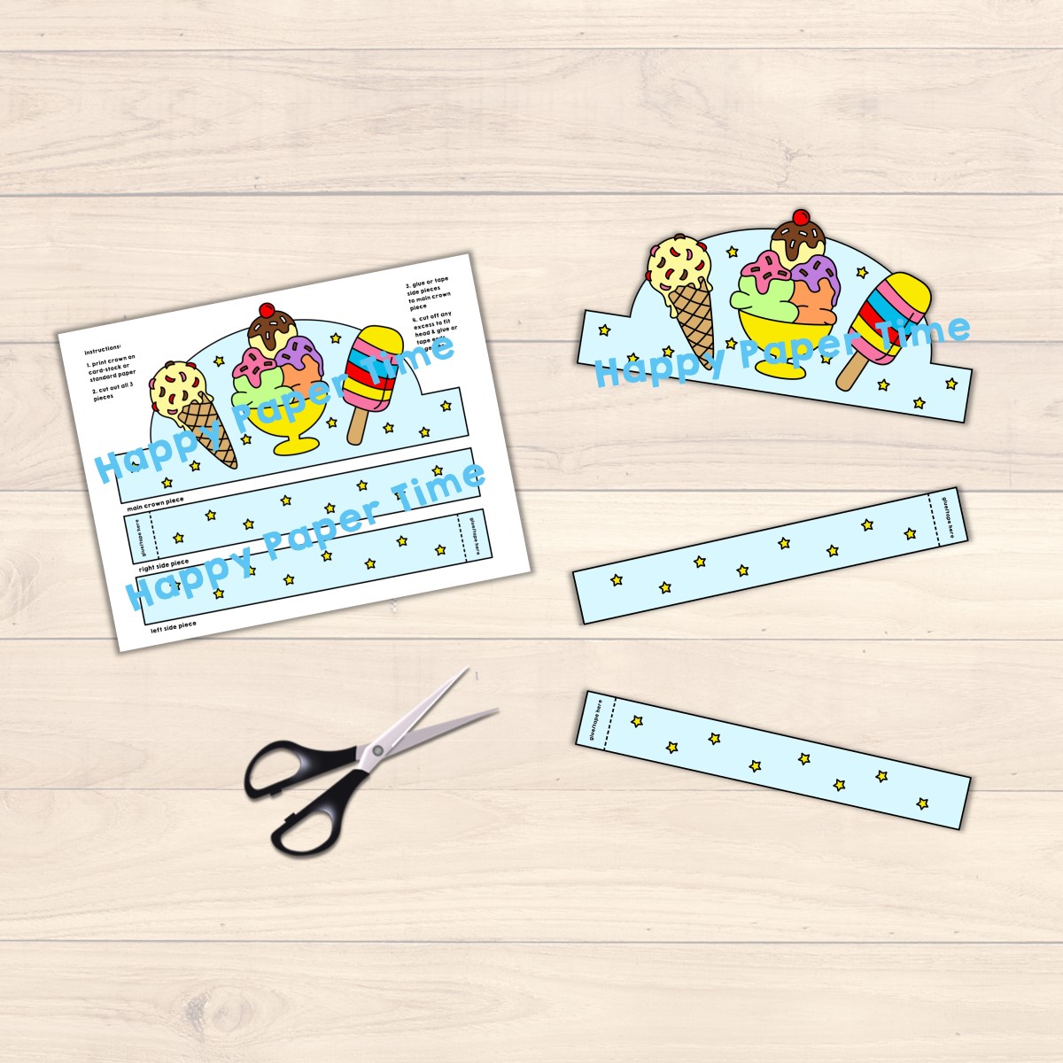 Ice Cream Paper Crown Headband Printable Coloring Spring Summer Craft ...