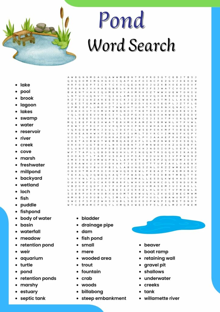 Pond word search Puzzle worksheet activities for kids | Made By Teachers