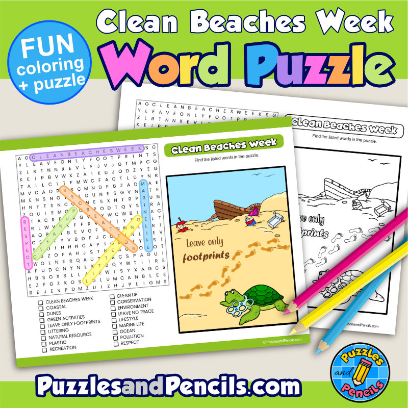 Clean Beaches Week Word Search Puzzle Activity Page and Coloring | July ...