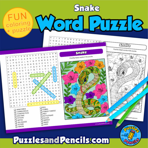 Snake Word Search Puzzle Activity Page and Coloring | Wordsearch | Made ...