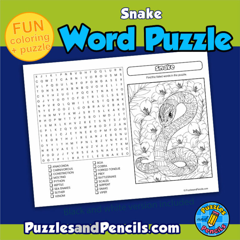 Snake Word Search Puzzle Activity Page and Coloring | Wordsearch | Made ...