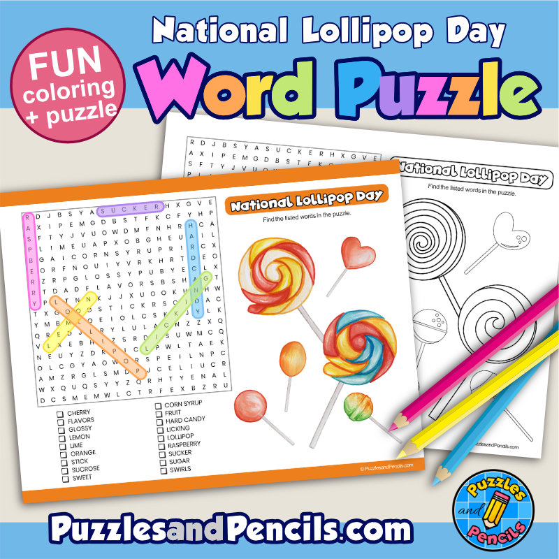 National Lollipop Day Word Search Puzzle Activity Page and Coloring ...