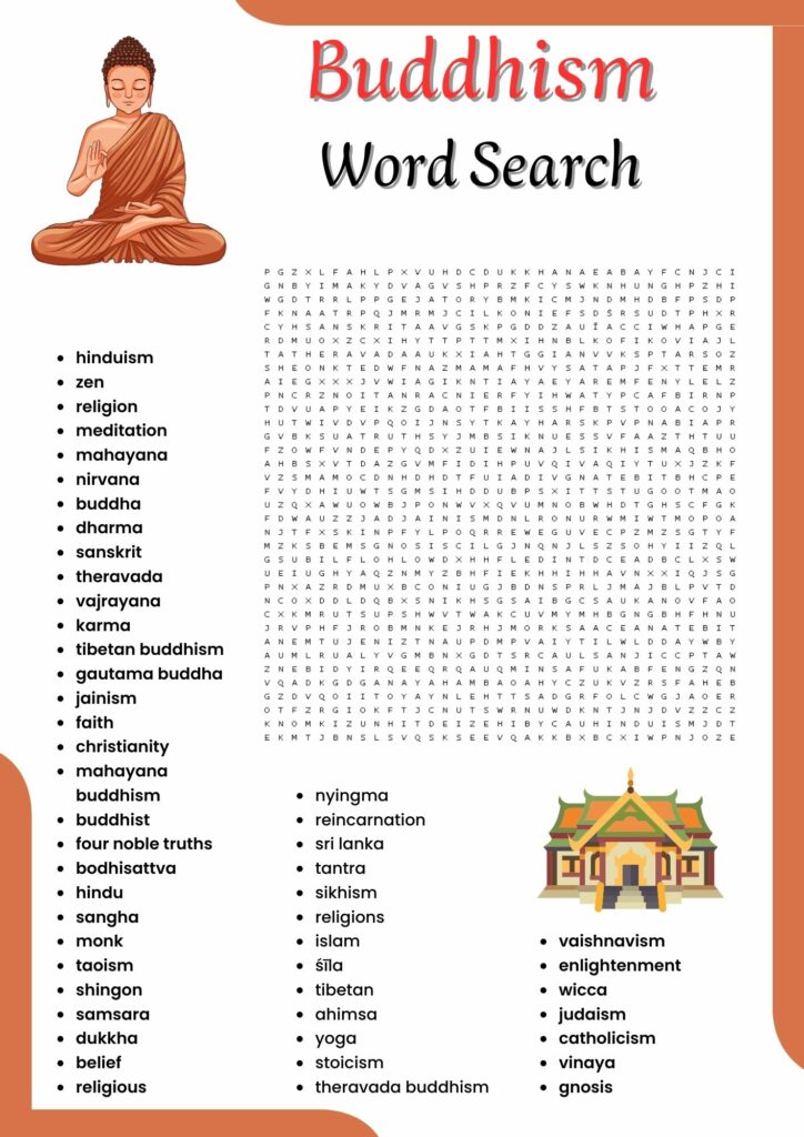 Buddhism word search Puzzle worksheet activities for kids | Made By ...
