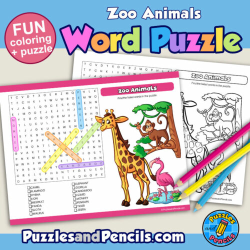 Zoo Animals Word Search Puzzle Activity Page and Coloring | Wordsearch ...