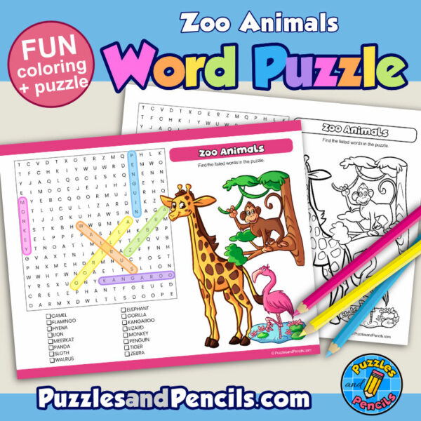 Zoo Animals Word Search Puzzle Activity Page and Coloring | Wordsearch ...