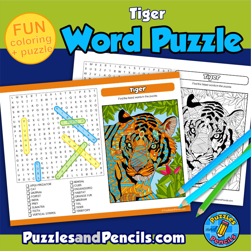 Tiger Word Search Puzzle Activity Page and Coloring | Wordsearch | Made ...