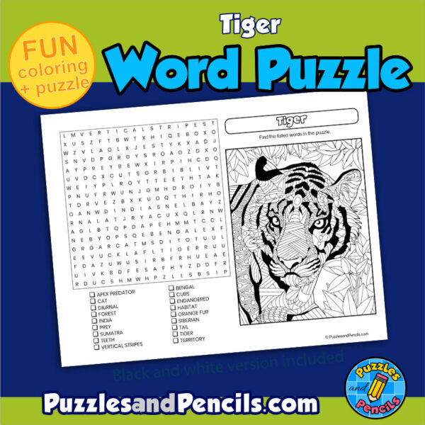 Tiger Word Search Puzzle Activity Page and Coloring | Wordsearch | Made ...