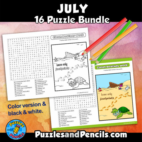 July Word Search Puzzle Activity BUNDLE | 16 Wordsearch Puzzles | Made ...