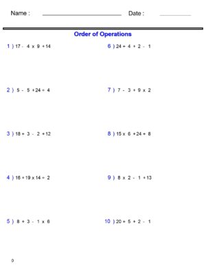 PEMDAS Problems Order of Operations Worksheets -Add Subtract Multiply ...