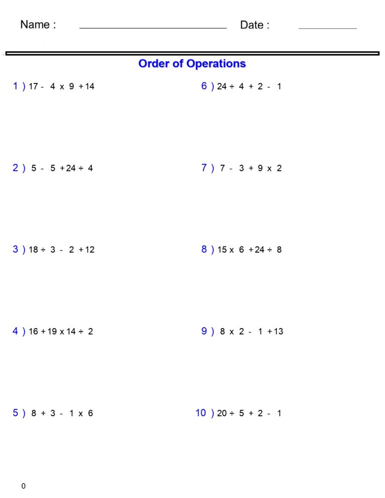 PEMDAS Problems Order of Operations Worksheets -Add Subtract Multiply ...