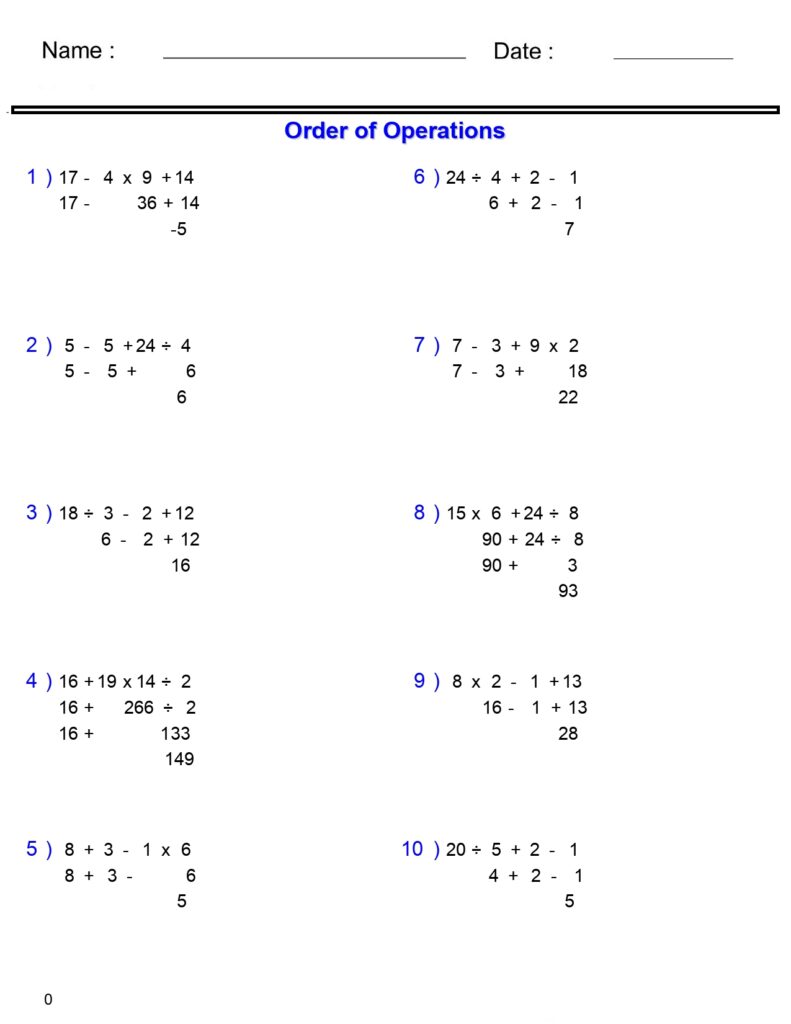 PEMDAS Problems Order of Operations Worksheets -Add Subtract Multiply ...