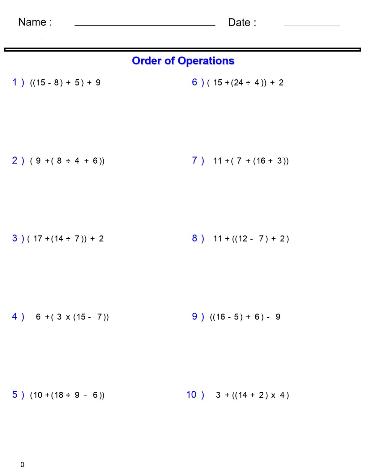 PEMDAS Problems Order of Operations Worksheets - Basic with Nested ...