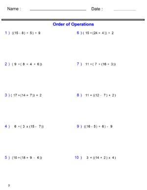 PEMDAS Problems Order of Operations Worksheets - Basic with Nested ...