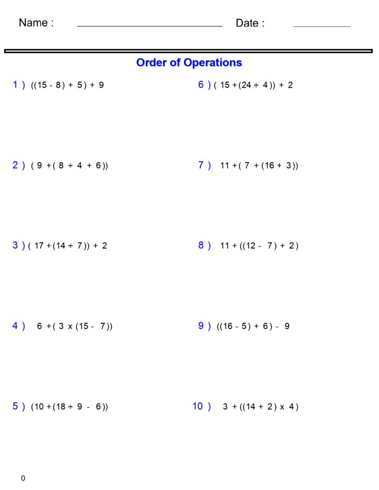 PEMDAS Problems Order of Operations Worksheets - Basic with Nested ...