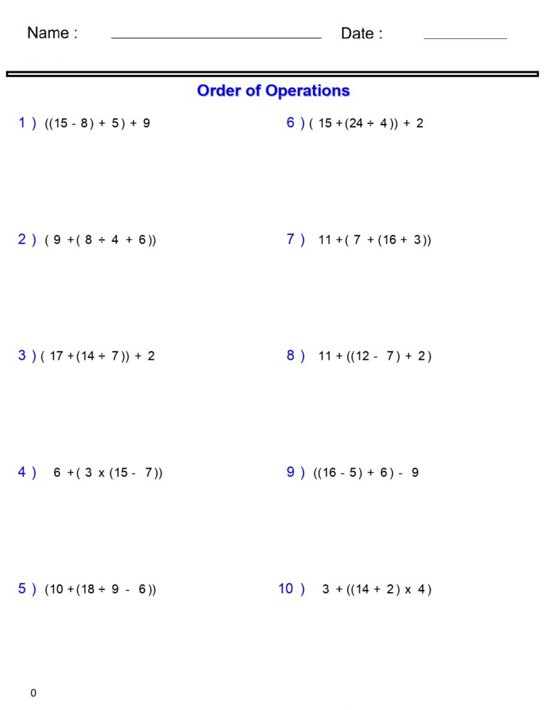 PEMDAS Problems Order of Operations Worksheets - Basic with Nested ...