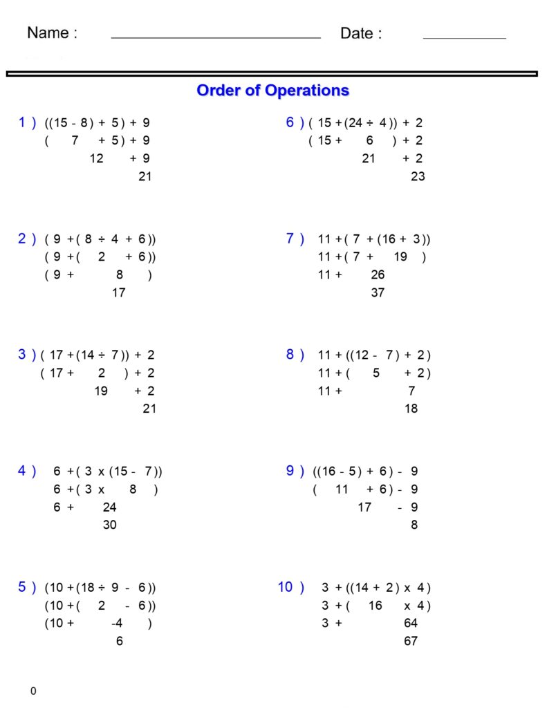PEMDAS Problems Order of Operations Worksheets - Basic with Nested ...
