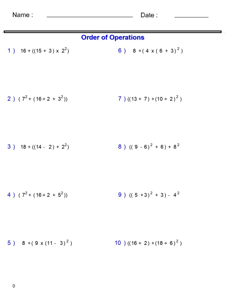 PEMDAS Problems Order of Operations Worksheets - Basic with Nested ...