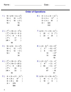 PEMDAS Problems Order of Operations Worksheets - Basic with Nested ...