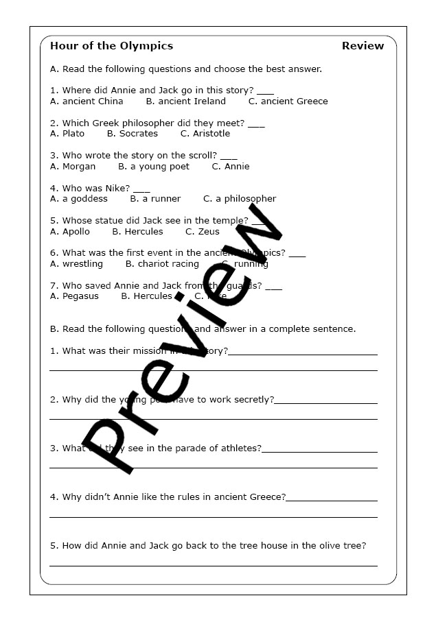 Magic Tree House "Hour of the Olympics" worksheets | Made By Teachers