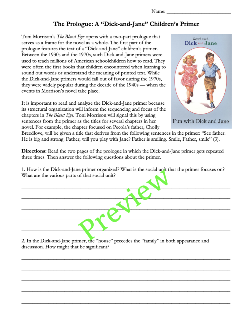 The Bluest Eye COMPLETE UNIT: Discussion Questions, Worksheets, Quizzes ...