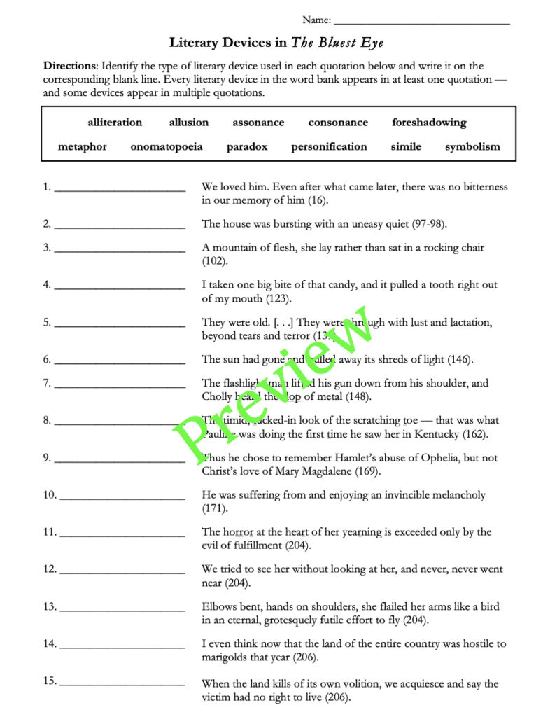 The Bluest Eye COMPLETE UNIT: Discussion Questions, Worksheets, Quizzes ...