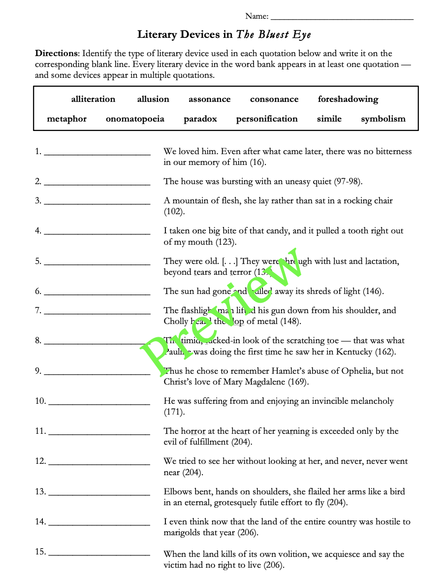 The Bluest Eye COMPLETE UNIT: Discussion Questions, Worksheets, Quizzes ...