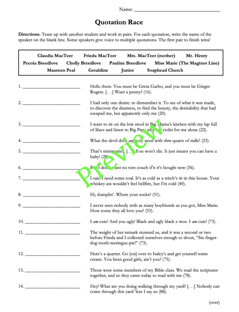 The Bluest Eye COMPLETE UNIT: Discussion Questions, Worksheets, Quizzes ...