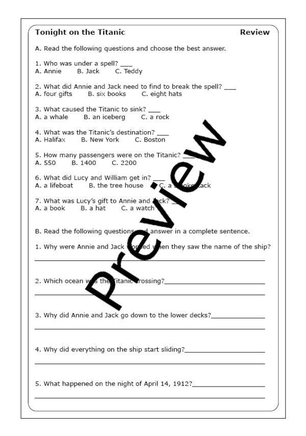 Magic Tree House "Tonight on the Titanic" worksheets | Made By Teachers