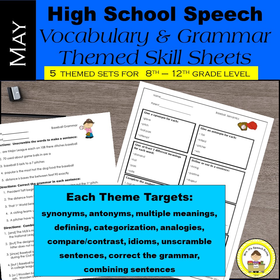 High School Speech Therapy Vocabulary and Grammar Skill Sheets ~ May ...