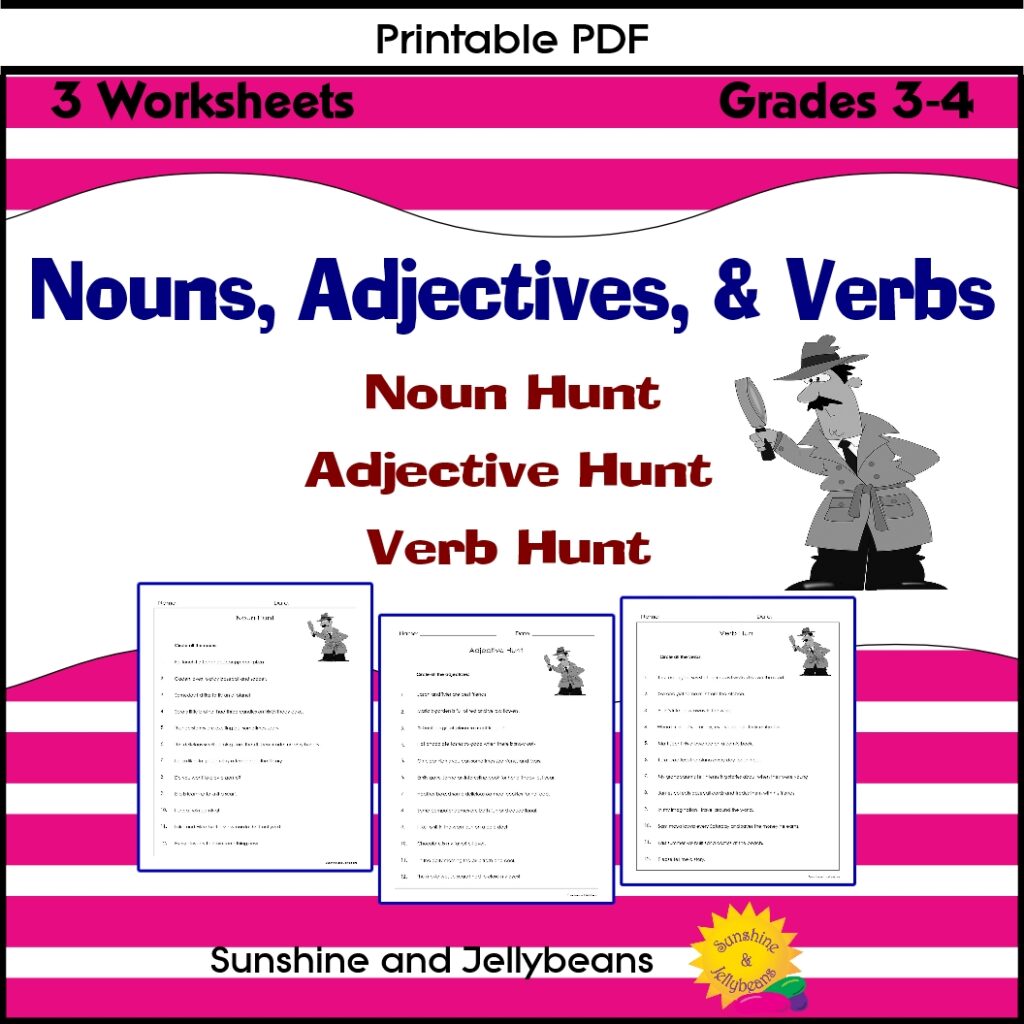 Nouns, Adjectives, Verbs - 3 worksheets - Grades 3-4 - Great Practice ...