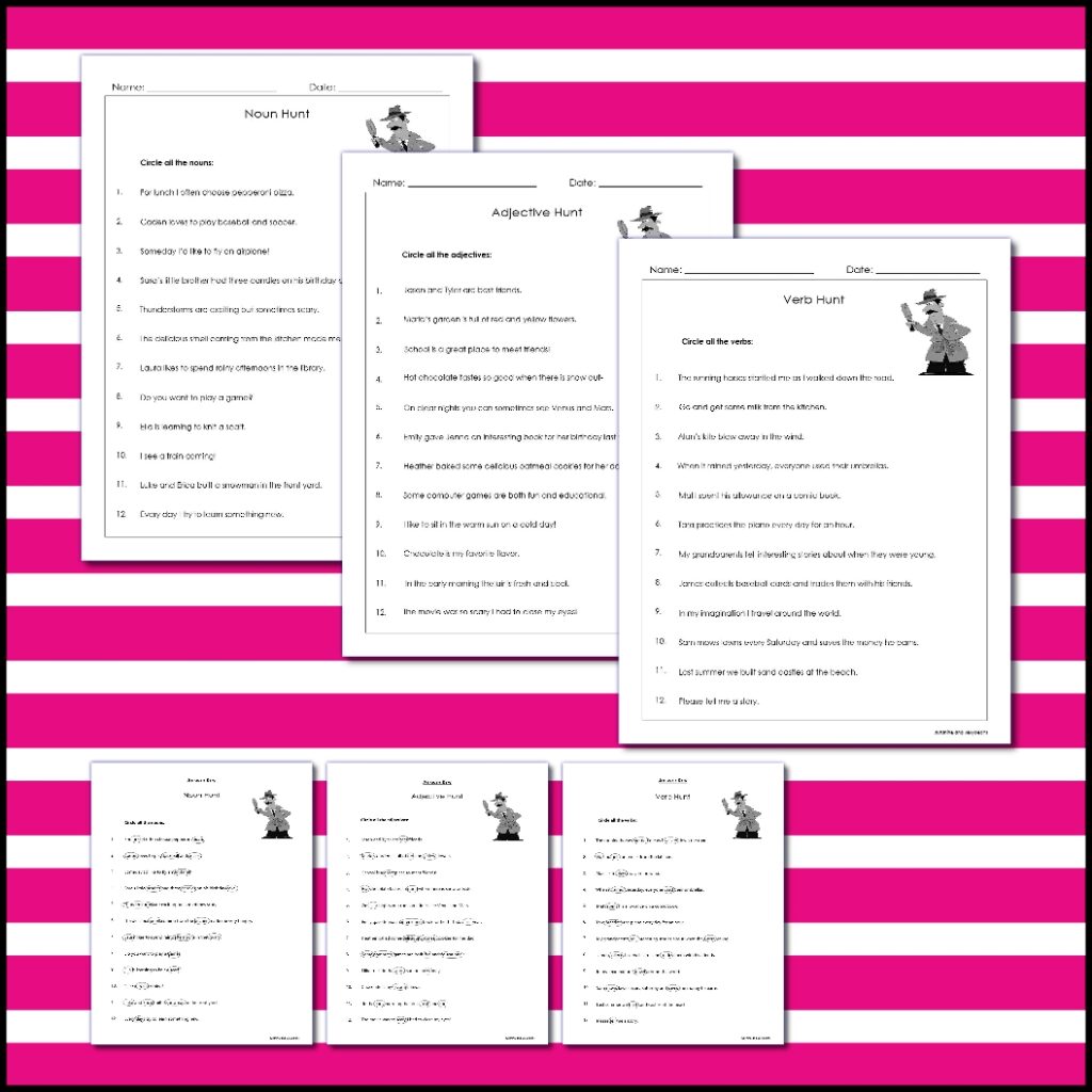 Nouns, Adjectives, Verbs - 3 worksheets - Grades 3-4 - Great Practice ...