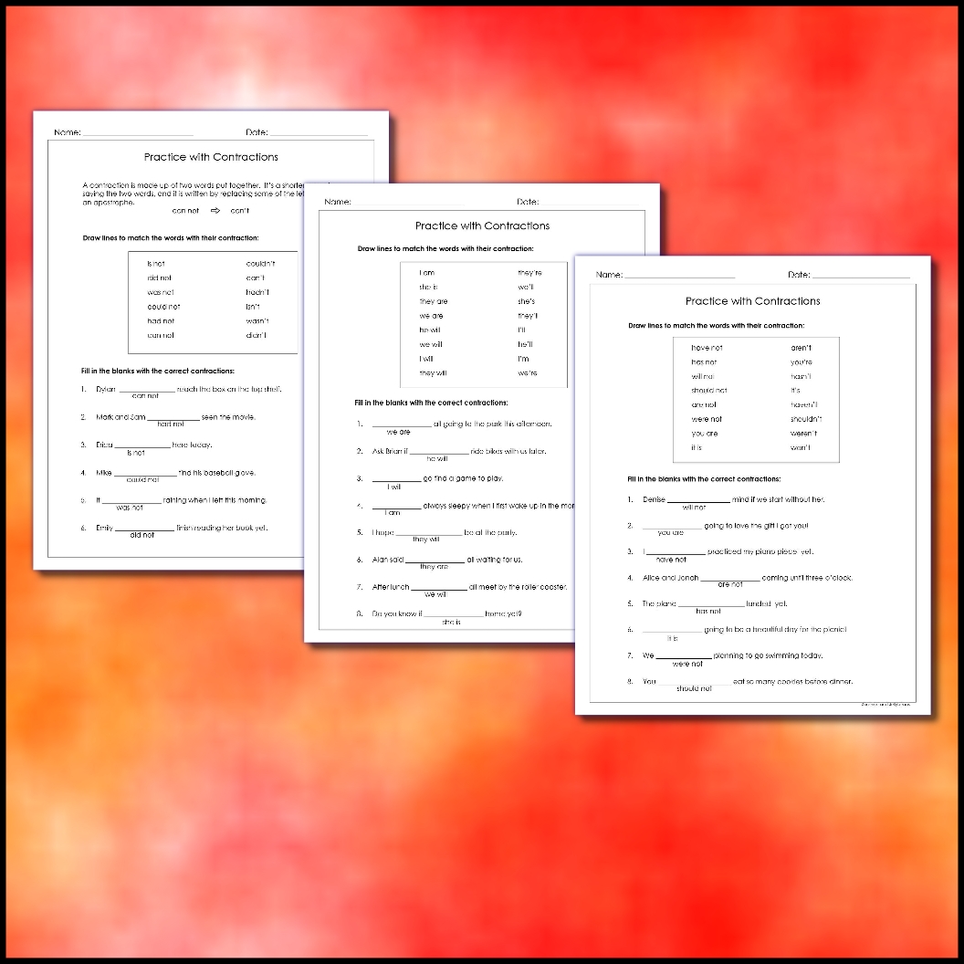 Practice with Contractions - 3 worksheets - Grade 2 - Matching and ...