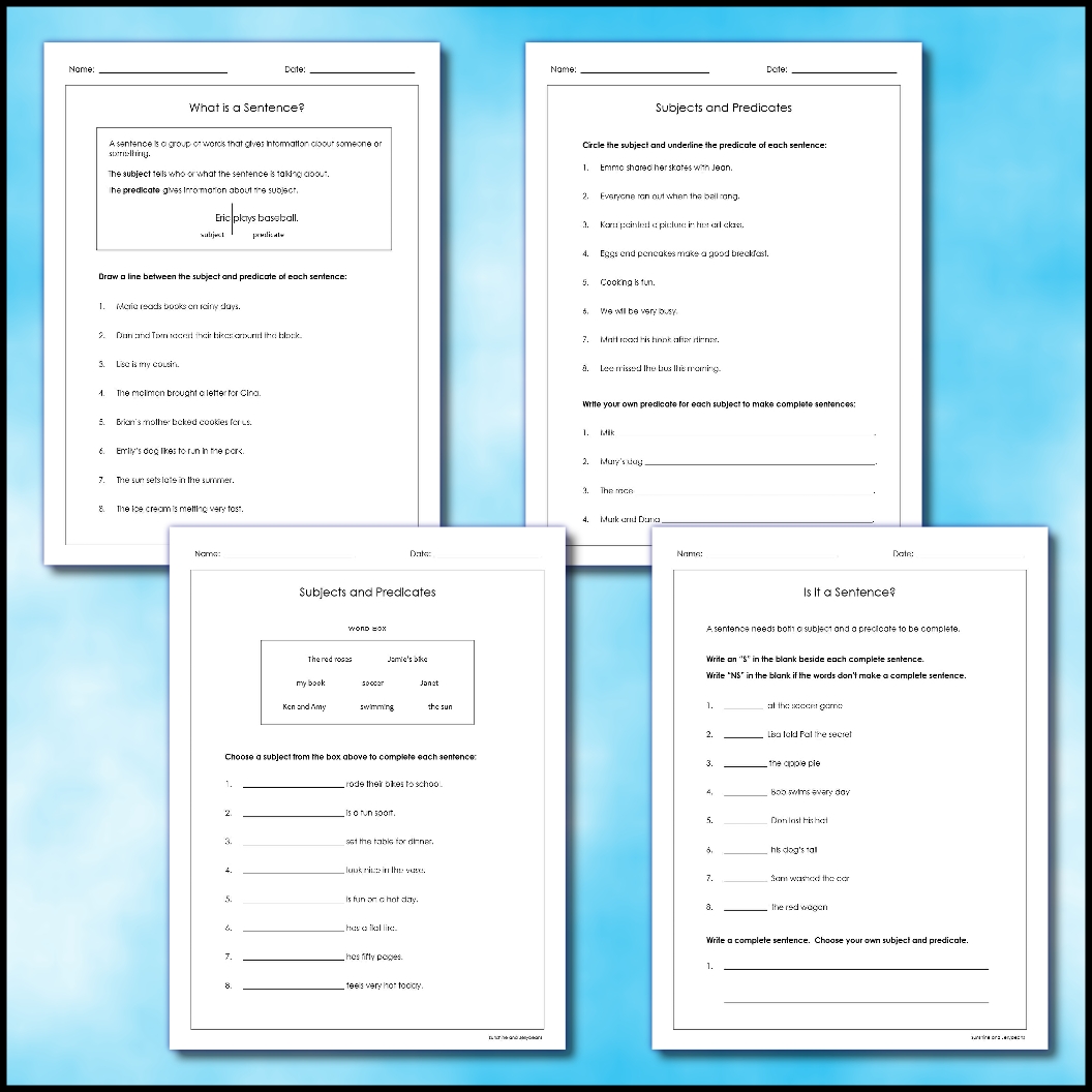 What is a Sentence? - Subjects & Predicates - 4 worksheets - Grades 1-2 ...