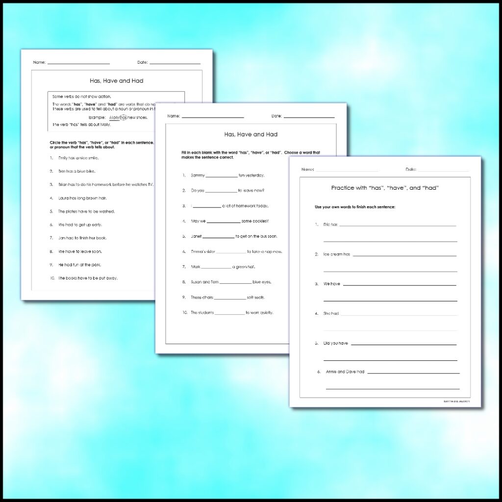 Verbs Practice - "has", "have", "had" - 3 worksheets - Grades 1 - 2 ...