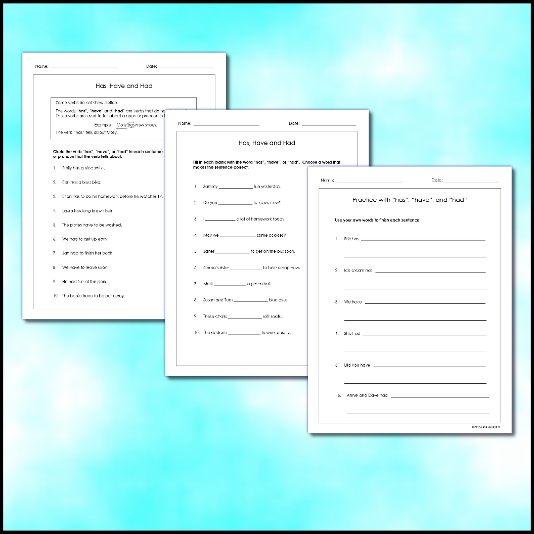 Verbs Practice - "has", "have", "had" - 3 worksheets - Grades 1 - 2 ...