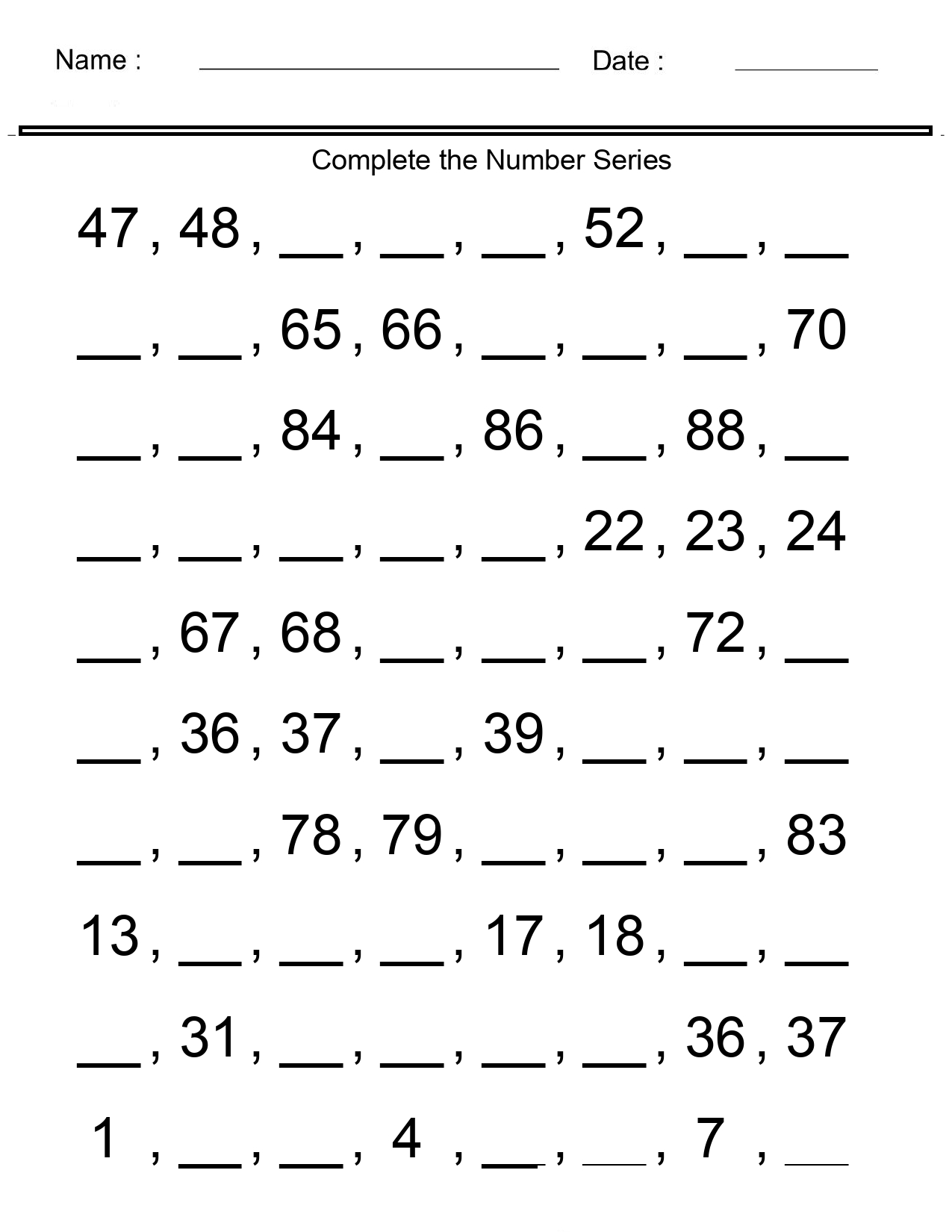 Patterns Worksheets - Complete the Series Worksheet(Series Between 0 ...