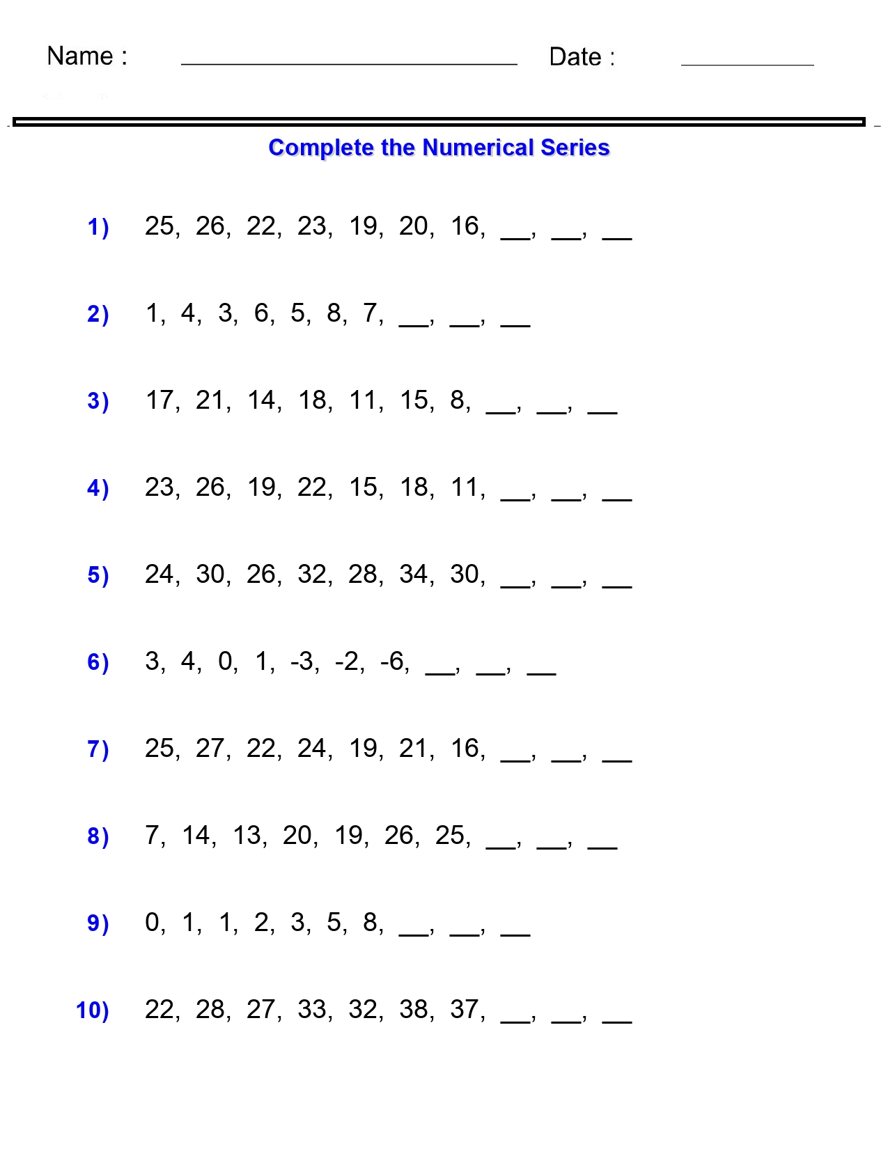 Patterns Worksheets- Complete the Numerical Series Worksheets ...
