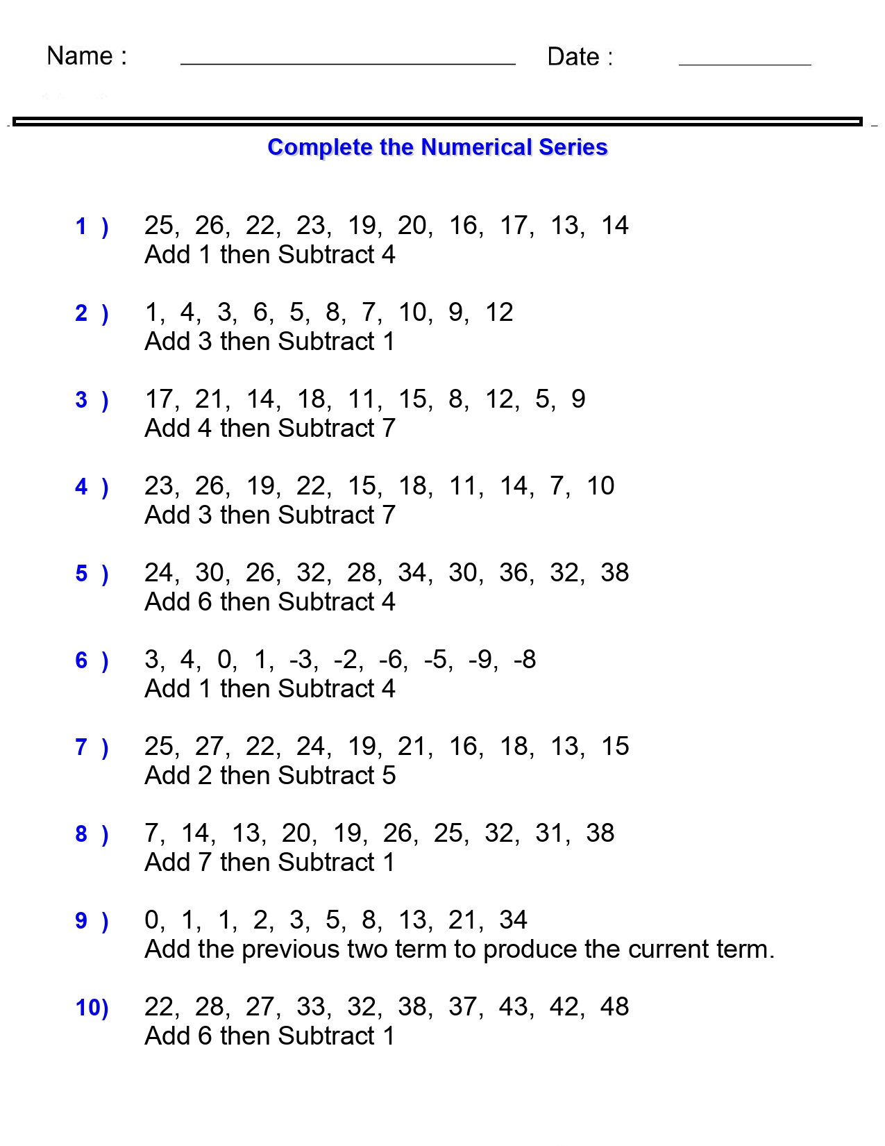 Patterns Worksheets- Complete the Numerical Series Worksheets ...