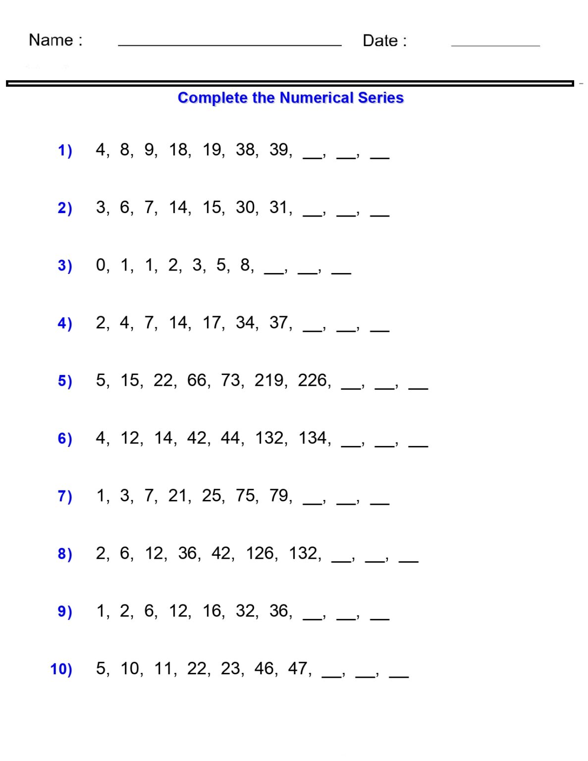 Patterns Worksheets- Complete the Numerical Series Worksheets ...