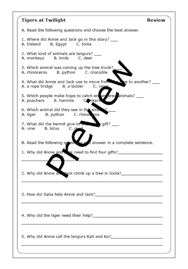 Magic Tree House "Tigers at Twilight" worksheets | Made By Teachers