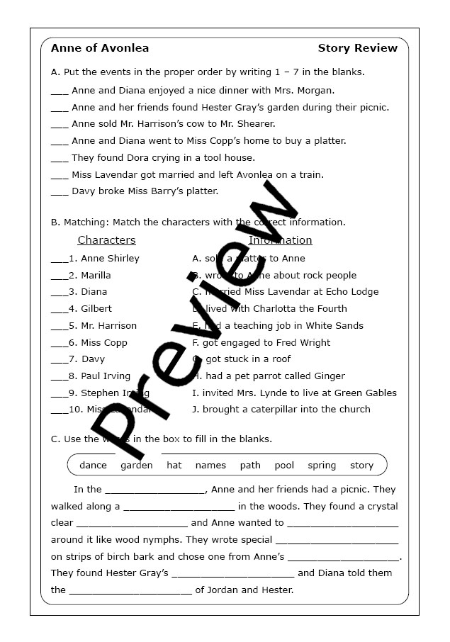 L. M. Montgomery "Anne of Avonlea" worksheets | Made By Teachers
