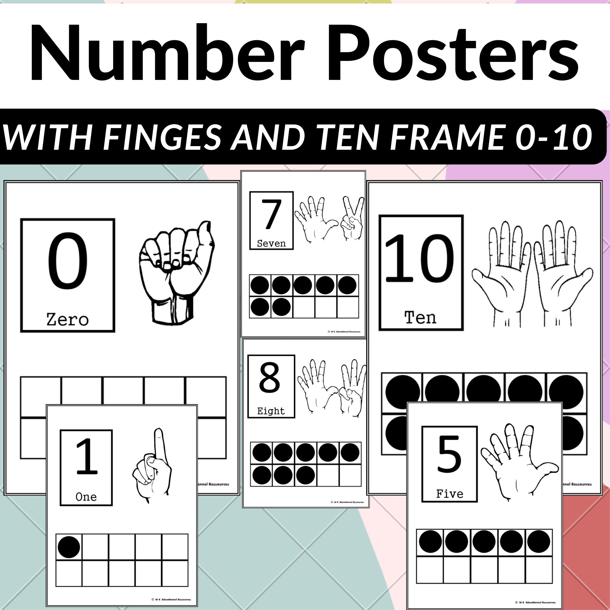 Number Posters With Finges Ten Frame 0-10, Flash Cards colorful 0-100 ...